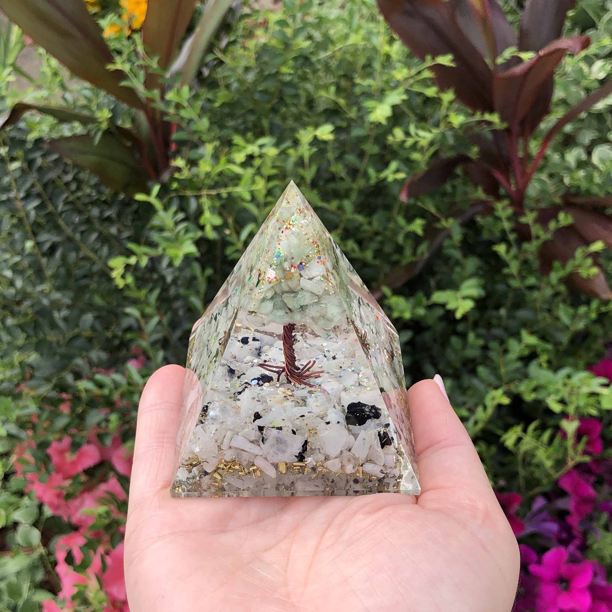 Amazonite Tree of Life Copper Rainbow Moonstone Resin Orgone Pyramid