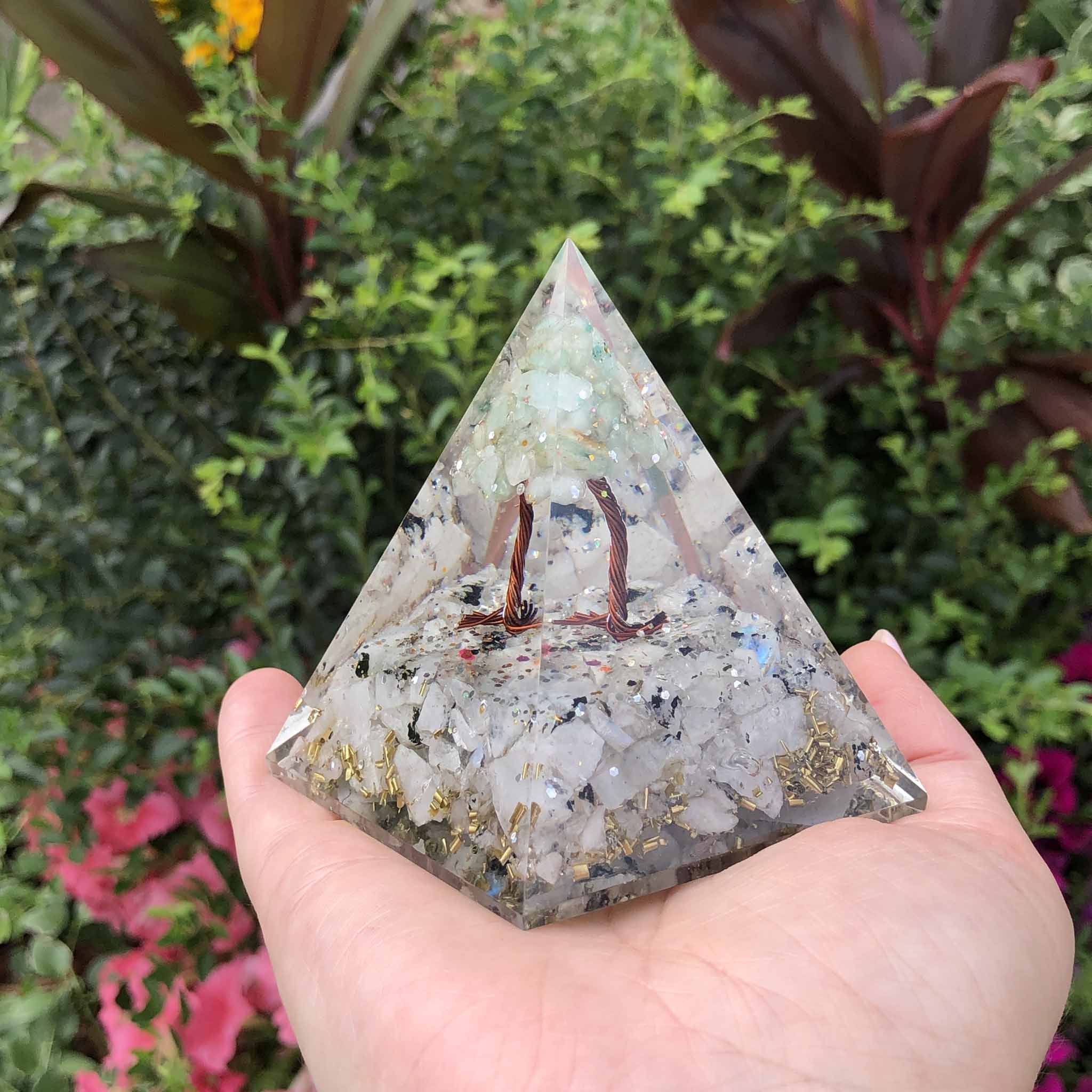 Amazonite Tree of Life Copper Rainbow Moonstone Resin Orgone Pyramid