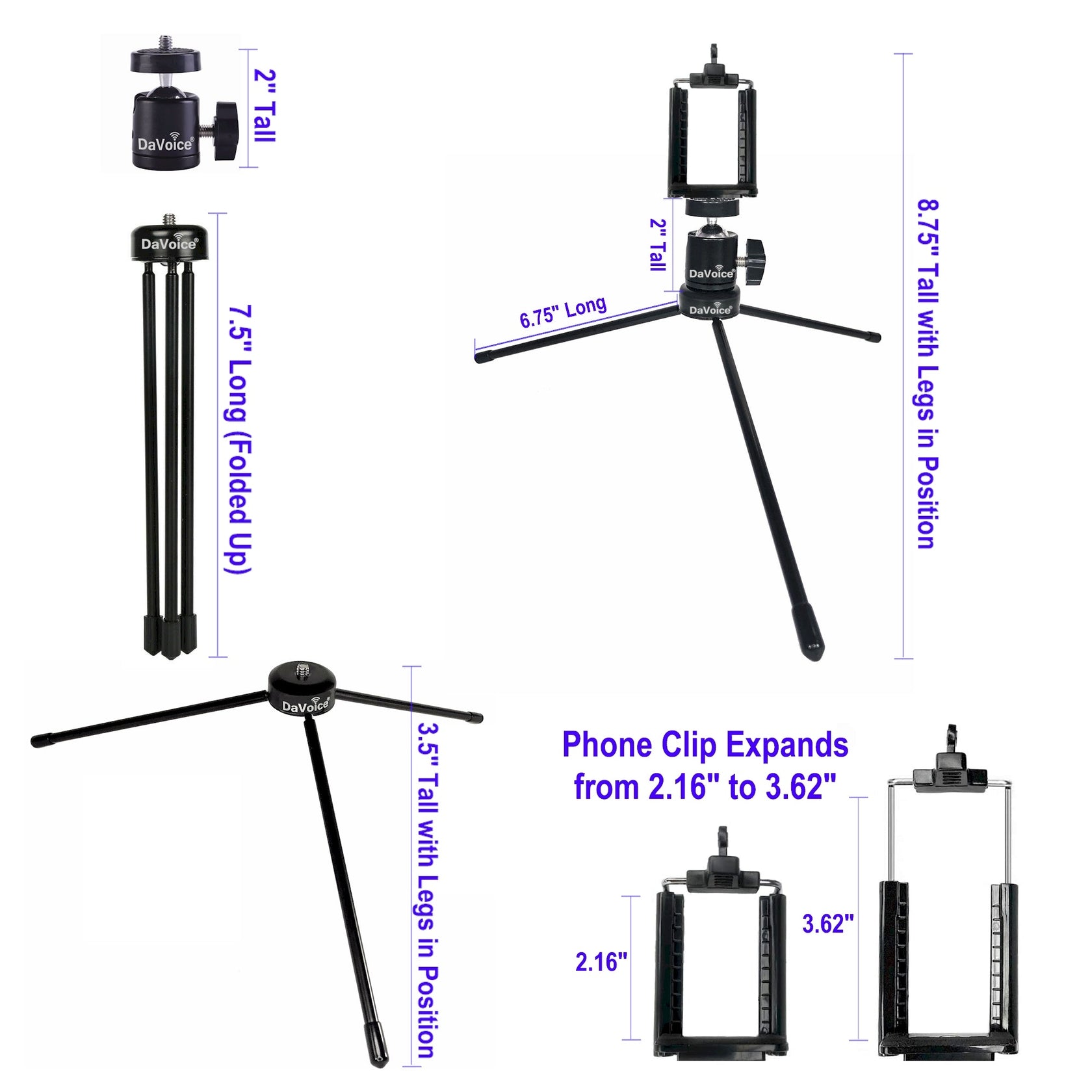 Cell Phone Tripod with Adapter Clip and Mini Ball Head Camera Mount