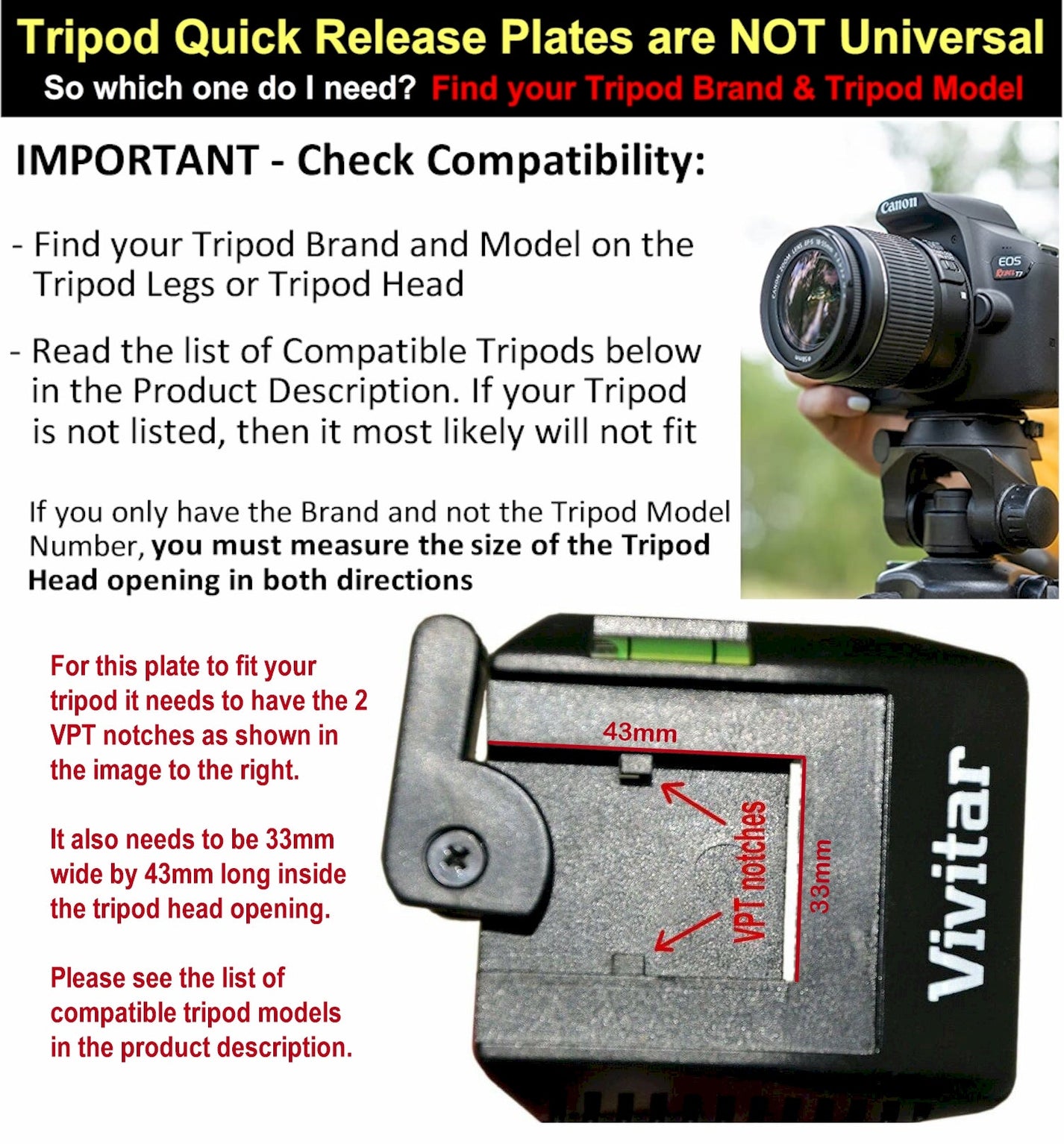 Tripod Quick Release Plate for Vivitar VPT-120 VPT-240 VPT-360 Tripod ...